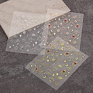 3 Sheets Nail Art Stickers Decals Gold Sun Moon Star Stripe Line Nail Decals Self-Adhesive Heart Nail Art Supplies for Nail DIY Decoration 3D Adhesive Nail Accessories for Women French Nail Design