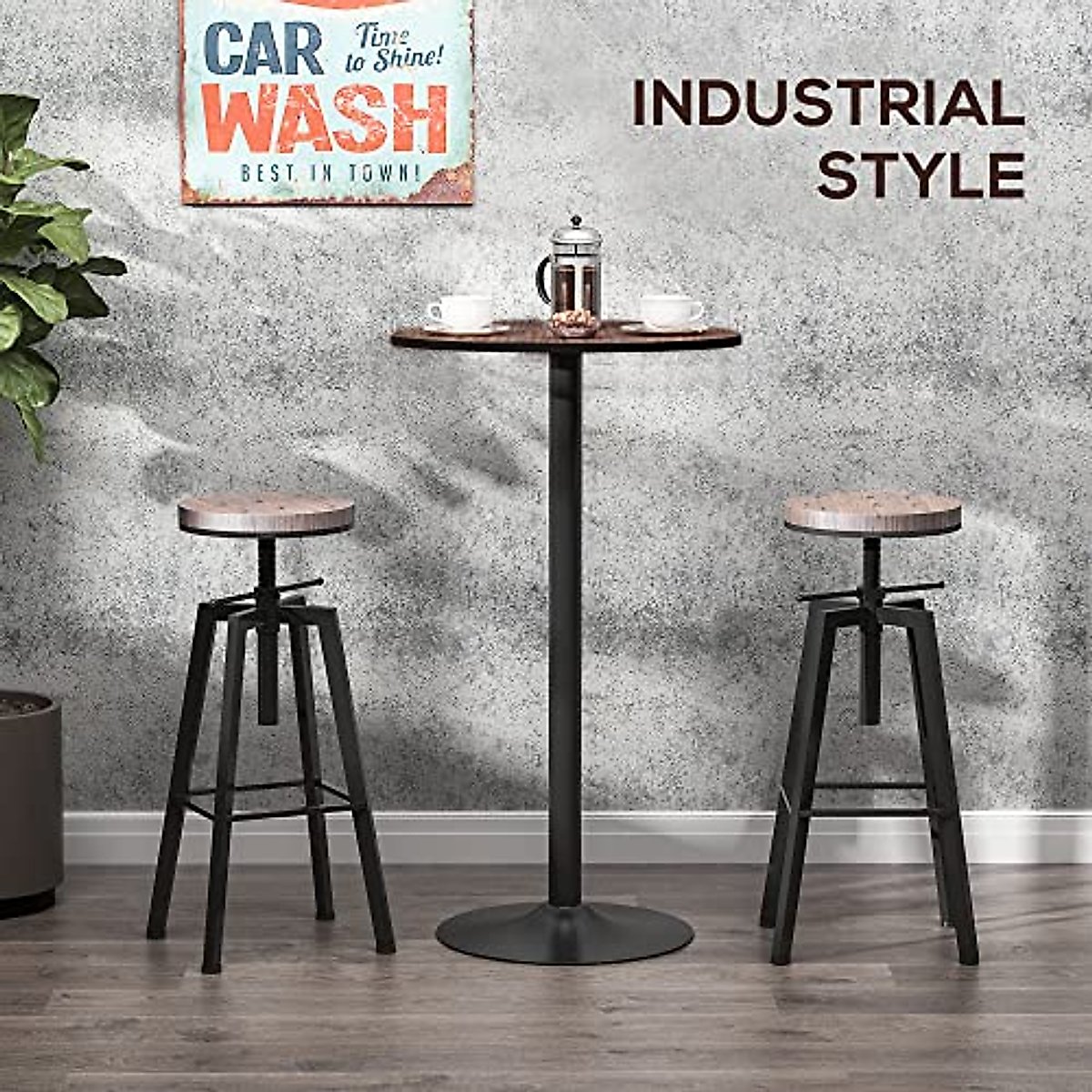 HOMCOM 42" H Bar Height Round Bar Table, Rustic Industrial Pub Table, Elm Wood Top Bistro Table with Metal Base