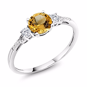 Gem Stone King 10K White Gold 6MM Round Gemstone Birthstone White Created Sapphire & White Diamond Accent 3-Stone Engagement Ring | Three-Stone Wedding Anniversary Promise Ring For Women