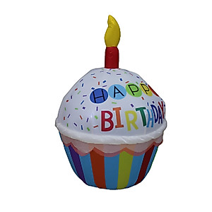 4 Foot Tall Cute Happy Birthday Inflatable Cupcake with Candle Lights Blowup Party Decoration for Outdoor Indoor Home Celebration Garden Yard Lawn Prop