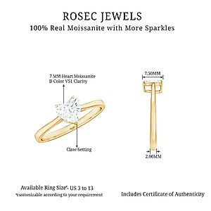 Rosec Jewels Certified Moissanite 7mm Heart Engagement Ring, D-Vs1 Quality, Moissanite Diamond Solitaire Ring - Ready To Gift, 14K Yellow Gold, Size:US 6.50