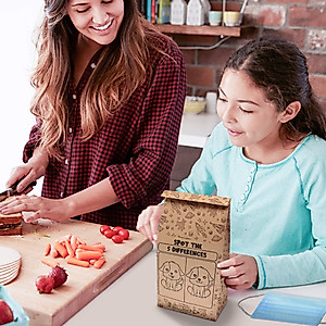 Kids Brown Paper Bags - Lunch Notes for Kids via Printed Jokes and Games Eco Friendly Food Safe 50pc Kraft Paper Lunch Bags for Everyday Lunch, Snack, Sandwich- Biodegradable