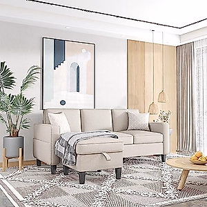 ZeeFu Convertible Sectional Sofa Couch,Modern Beige Linen Fabric Upholstered 3-Seat L-Shaped Sofa Furniture Set with Reversible Storage Ottoman and Pockets for Living Room Small Space Apartment