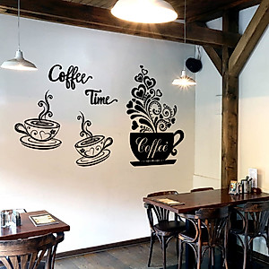 Coffee Cup Wall Decals Vinyl Kitchen Wall Decor Stickers Black Coffee Tea Sign Decor Flower Wall Art Sticker Removable DIY Coffee Saying Decorations for Home Cafe Shop Coffee Station Bar Pub Office