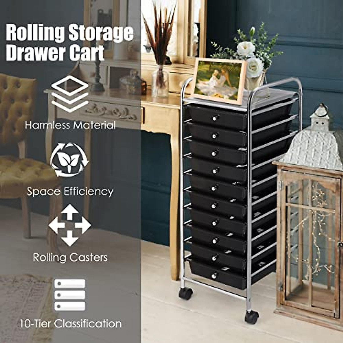 10-Drawer Rolling Storage Craft Cart and Organizer - Rolling Organizer Cart Tools and 4 Universal Casters (Black)
