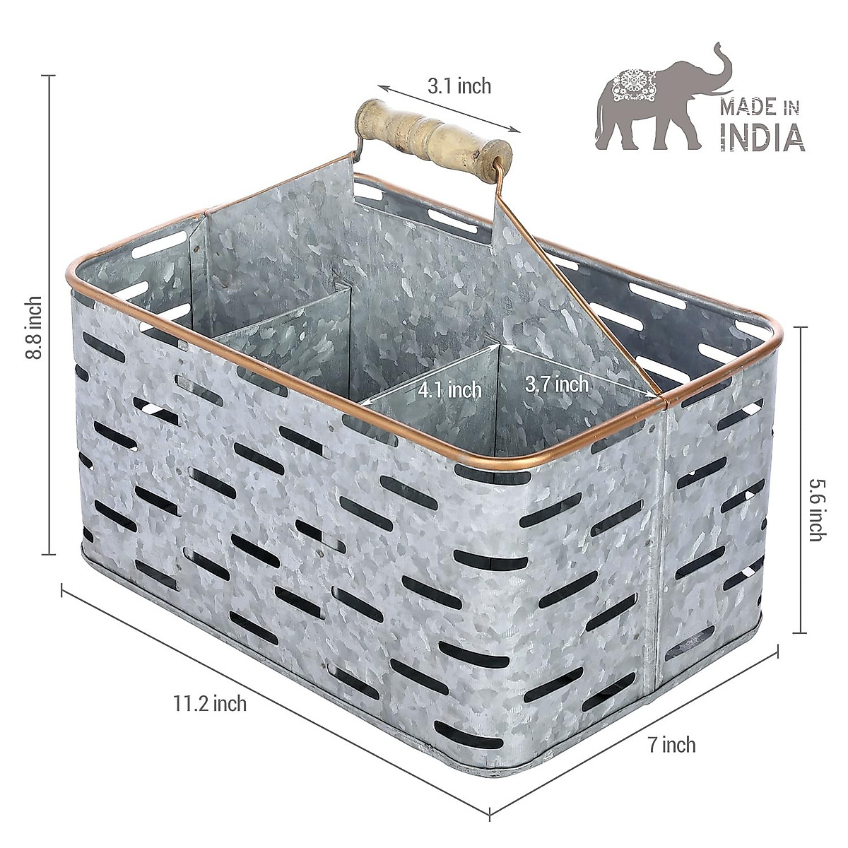 MyGift Galvanized Metal Kitchen Utensil Holder Caddy with 2 Compartments, Copper Tone Edges and Rustic Wood Handle - Handcrafted in India