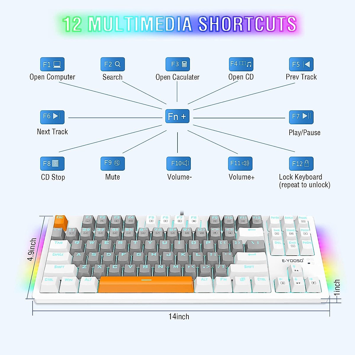 Mechanical Gaming Keyboard, Wired Mechanical Keyboard with Red Switches, 87 Keys Gaming Keyboard with Solid Color Backlit & RGB LED Sidelight for Windows Mac PC Gaming (Color : Blue Switches)
