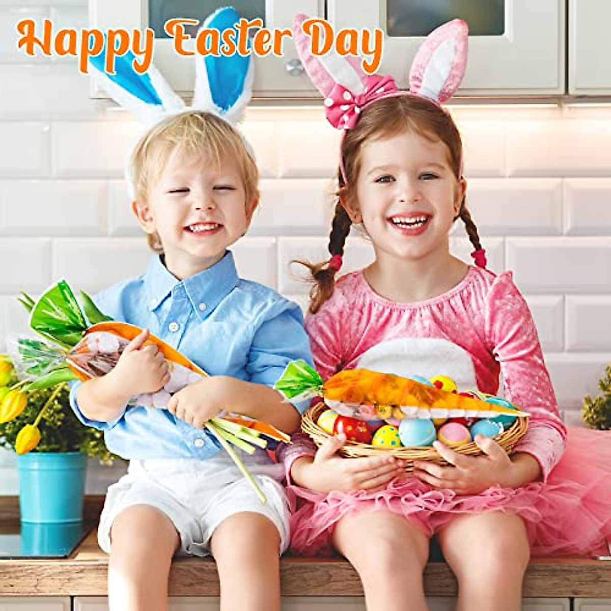 ISKYBOB 100 Sheets Carrot Shape Candy Bag Easter Bunny Plastic Cone Cellophane Rabbit Treat Triangle Pouch Gift Wrapper with Twist Ties for Birthday Party, Baby Shower, Easter Decor