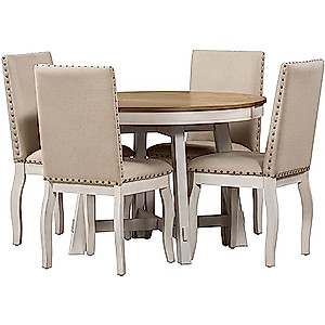 Goozio 5-Piece Farmhouse Dining Set with Wooden Round Extendable Dining Table and 4 Upholstered Dining Chairs, Oak Natural Wood + Antique White