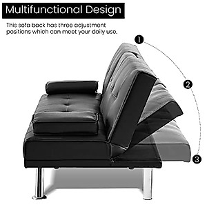 Lamerge Sofa Bed with 2 Cup Holders,PU Leather Convertible Upholstered Folding Sofa,67" L Multi-Functional Futon Sofa Couch for Small Space, Apartment,Dorm, Removable Armrest,Black