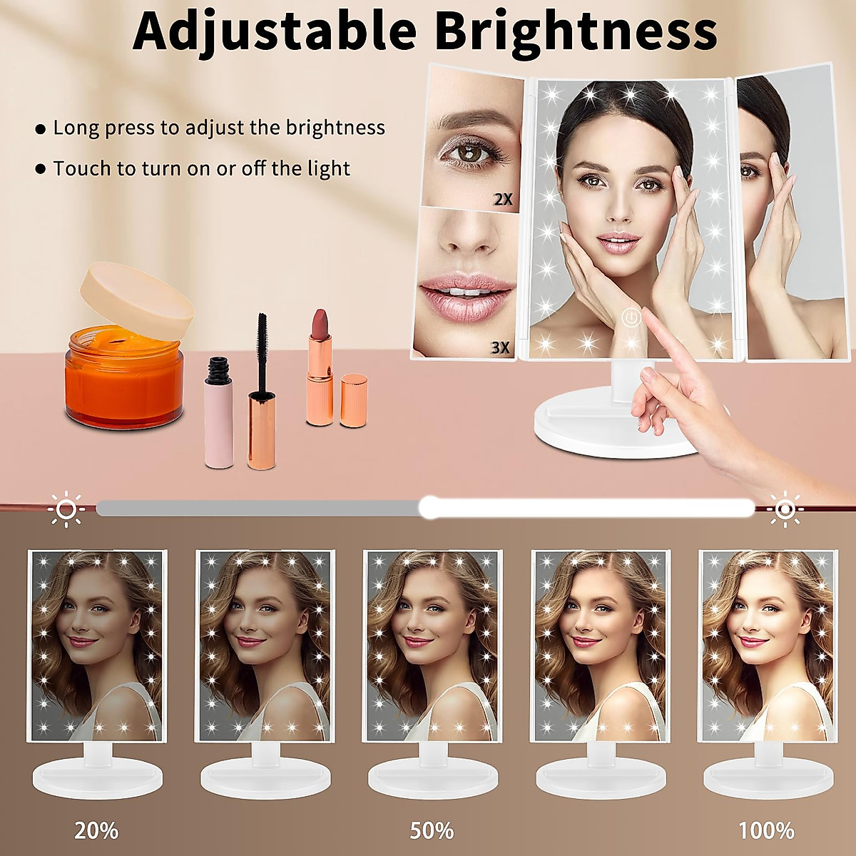 JAMIEWIN Lighted Makeup Mirror 3X/2X/1X Magnification 21 LED Trifold Vanity Mirror with Touch Sensor Dimming Portable Travel Mirror Best Xmas Gifts for Women Girls