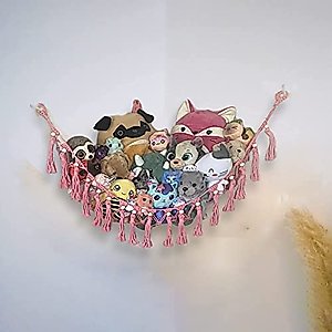 Stuffed Animal Hammock,Boho Plush Toy Net Hammock for Stuffed Animals,Toy Corner Hammock Organizer with Tassel Macrame,Display Holder Net,Net for Stuffed Animals for Nursery Playroom-Pink