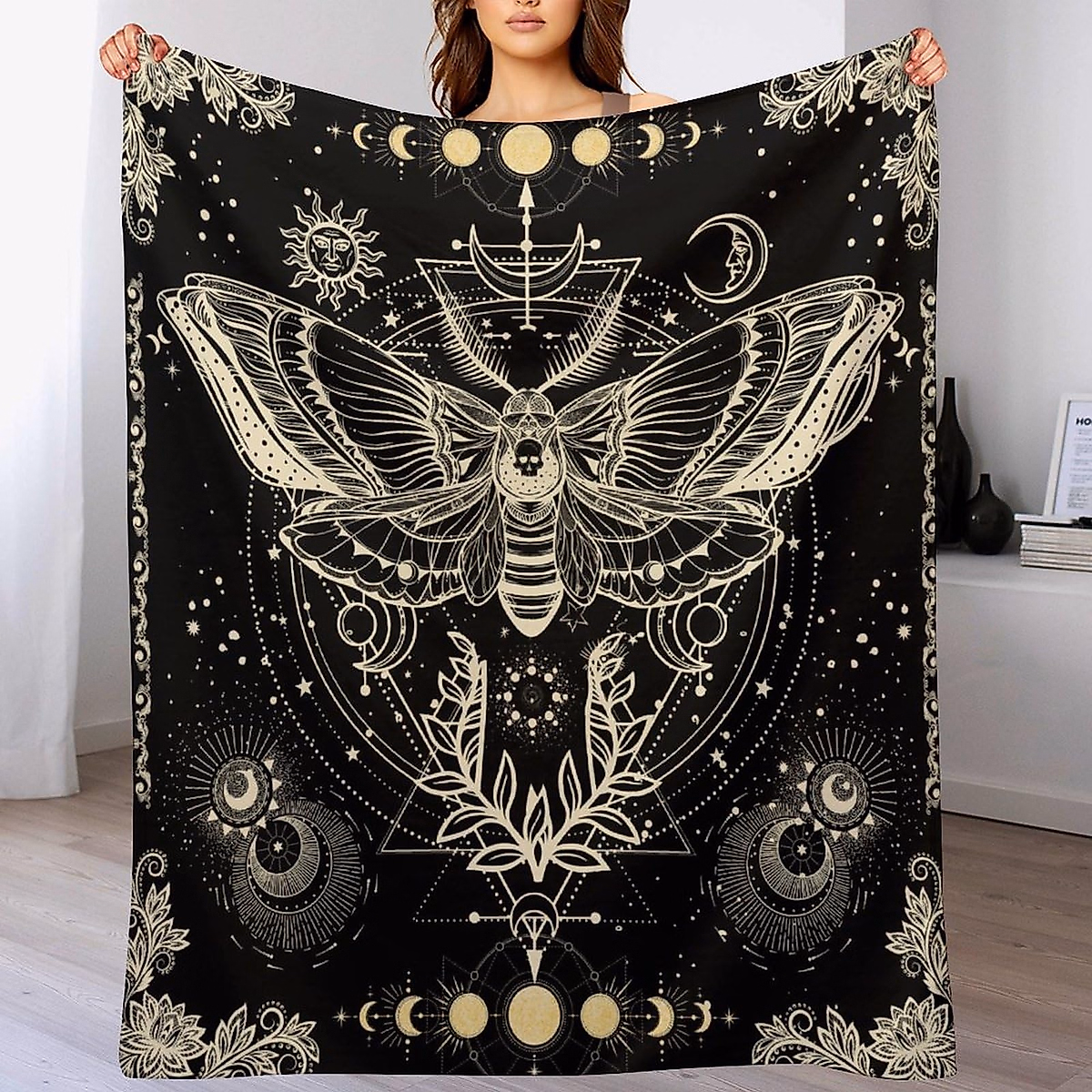 Abstract Moth Florals Flannel Blanket Abstract Gothic Magic Moon Stars Flower Aesthetic Throw Blanket for Kids Girls Teens Bedroom Decor Abstract Magic Florals for Bed Sofa Couch Travel Gift W40"xL50"