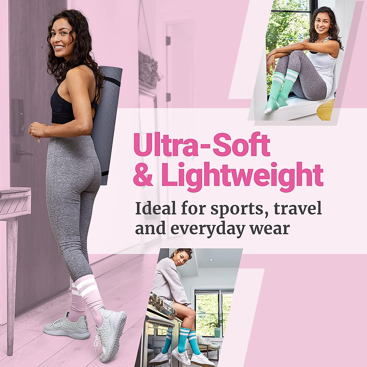 Love Classic, Pink, Medium-Large, Light Weight Compression Athletic Crew Socks for Women