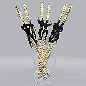 48PCS Stripper Pole Dancing Men Disposable Straws Gold Rose Gold Glitter Confetti Straw Black Muscle Male Shape Straws Cake Decoration Adult Bachelorette Party Decor