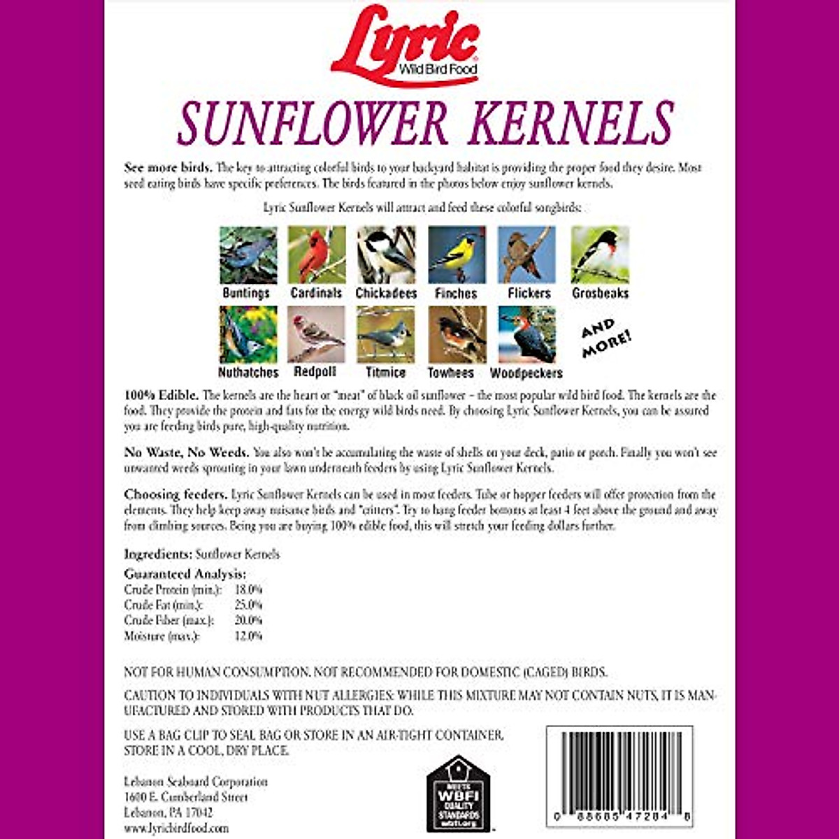 Lyric Sunflower Kernels Wild Bird Seed No Waste Bird Food Attracts Finches & More 25 lb. bag