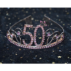 50th Birthday Tiara and Sash Happy 50th Birthday Party Supplies 50 Fabulous Black Glitter Satin Sash and Rose Gold Crystal Tiara Princess Birthday Crown for Women 50th Birthday Party Decorations