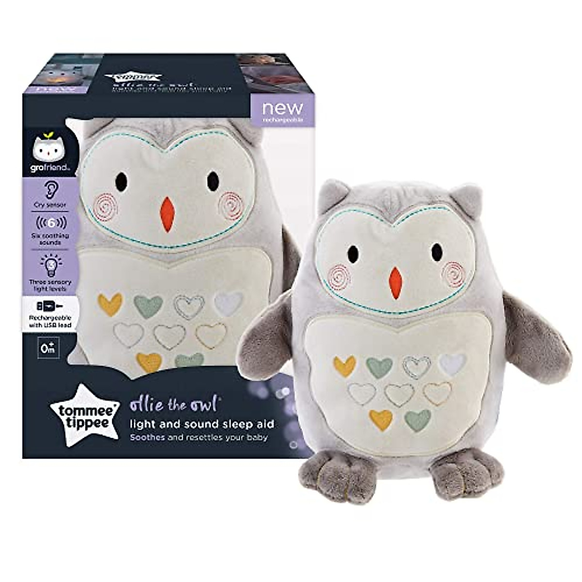 Tommee Tippee Rechargeable Light & Sound Sleep Aid - Ollie The Owl, Grey