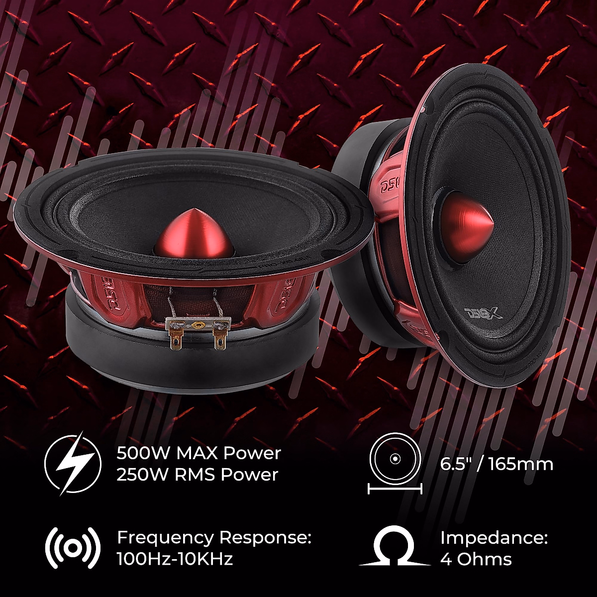 DS18 PRO-X6.4BM Loudspeaker - Pair of 6.5", Midrange, Red Aluminum Bullet, 500W Max, 250W RMS, 4 Ohms - Premium Quality Audio Door Speakers for Car or Truck Stereo Sound System (2 Speaker)