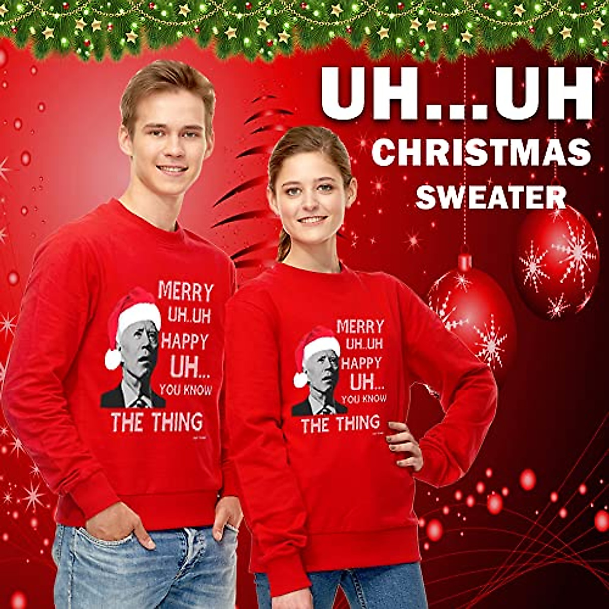 Pesky Patriot Funny Joe Biden Merry UH UH Ugly Christmas Sweater | Hilarious Mumbling Biden Tacky Xmas Pullover Sweatshirt for Men or Women (XX_Large) Red