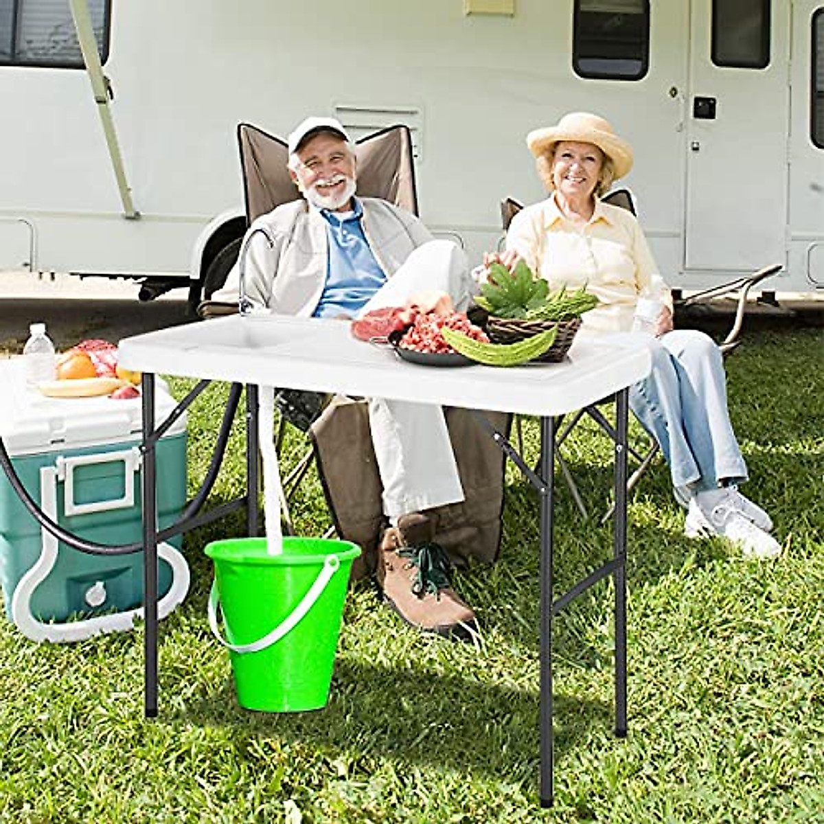 Goplus Portable Fish Cleaning Table with Sink, Folding Outdoor Camping Sink Station with Hose Hook Up, Heavy Duty Fillet Table with Faucet for Dock Beach Patio Picnic