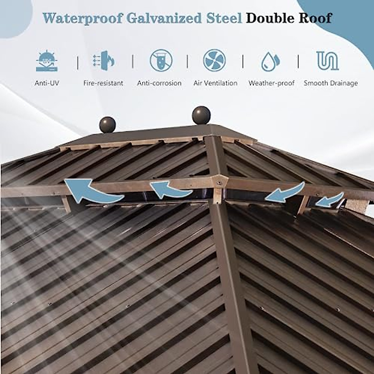 MELLCOM 12' x 14' Hardtop Gazebo, Brown Permanent Pavilion Gazebo with Curtains and Netting, Galvanized Steel Metal Double Roof Aluminum Gazebo with Aluminum Frame for Patio, Lawn & Garden