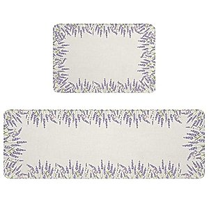 Sabolny Lavender Kitchen Runner Rug Mat, Bath Shower Bathtub Welcome Door Floor Mat, Summer Spring Country Purple Flower Washable Indoor Outdoor Throw Entry Area Rug Doormat 24x35+24x71