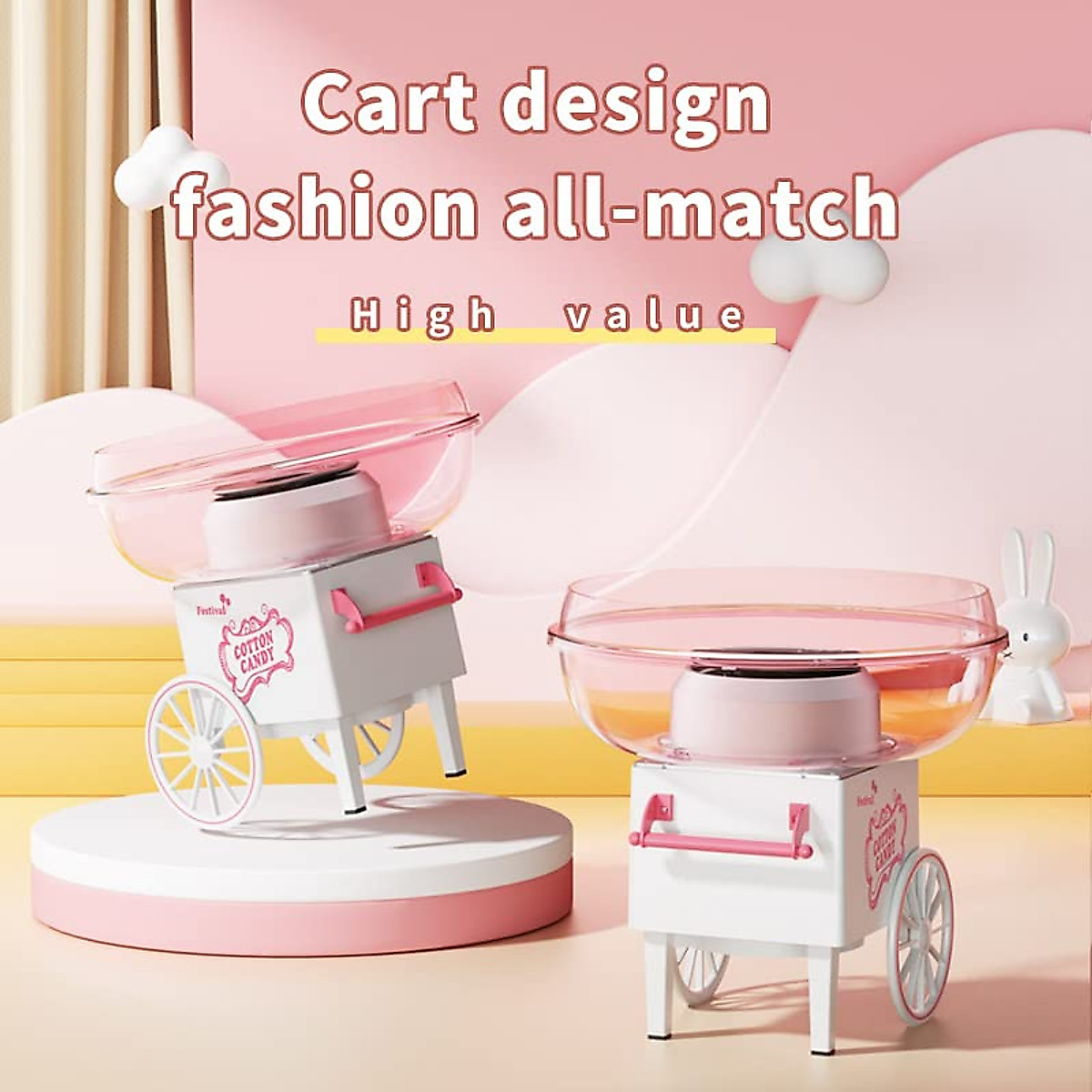 KLLsmDesign Cotton Candy Machine for Kids, Cart Design Desktop Electric Cotton Candy Maker with 10 Reusable Cones & Sugar Scoop for Children's Birthday Gift Family Party Holiday Use