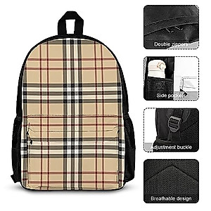 JZDACH Adults Daypack - Beige Plaid Stripes Pattern Bookbag 3 Piece College Daypack Traveling & Camping Backpack, 3 Piece Daypack Climbing Shoulder Bag