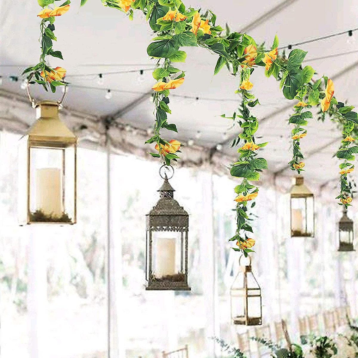 WSND 90 Inch Artificial Morning Glory Flower Vines,2PCS Flowers Hanging Green Plants Silk Garland Greenery Garland Morning Glory for Wedding Garden Wall Fence Home Decor