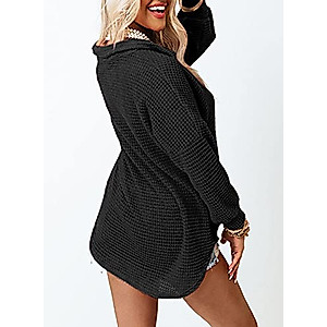 Dokotoo Womens V Neck Waffle Knit Tunic Blouse, Long Sleeve, Button Up, Loose Fit, Solid Color - Medium, Black (Spring Fashion 2023)