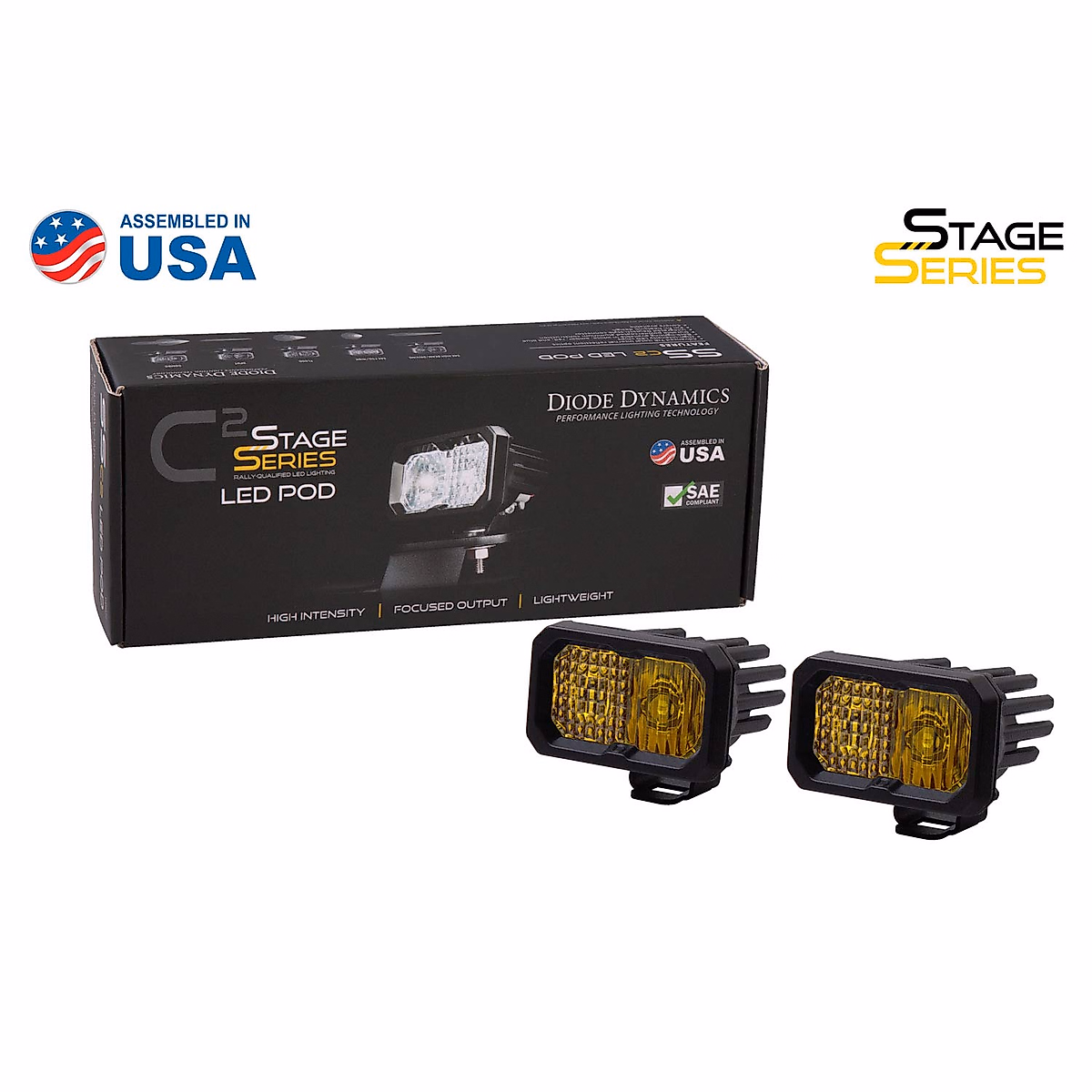 Diode Dynamics Stage Series 2in SAE Yellow Pro Standard LED Pod (pair), Driving w/Amber Backlight