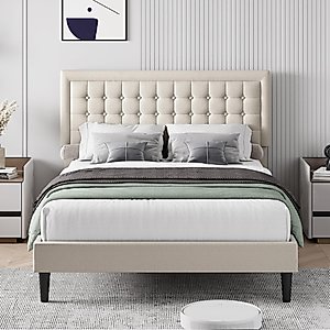 Keyluv Full Size Bed Frame with Button Tufted Headboard, Modern Fabric Upholstered Platform Bed Frame, Strong Wooden Slats Support, No Box Spring Needed, Beige