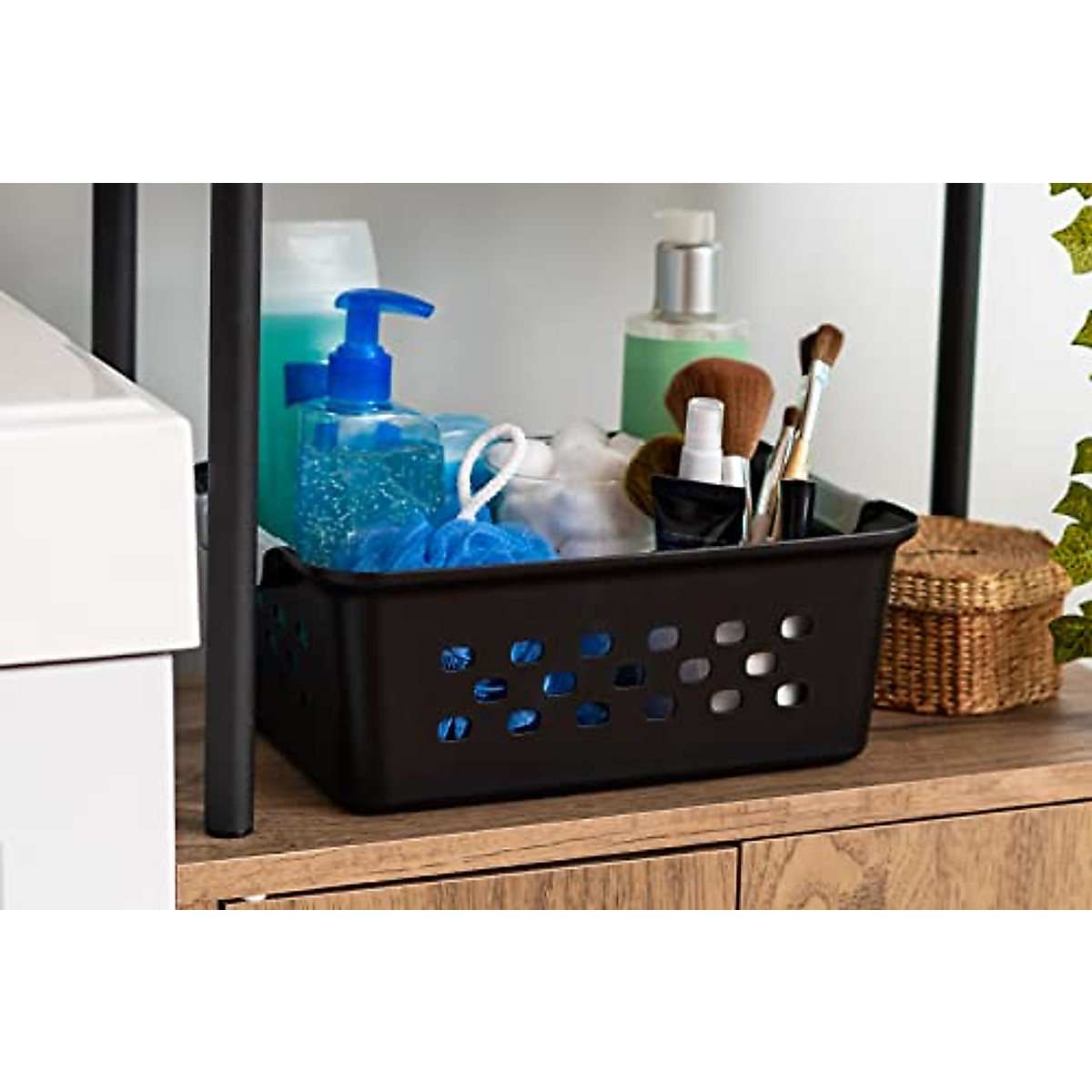 IRIS USA Plastic Storage Basket, 12-Pack, Small, Shelf Basket Organizer for Pantries, Kitchens, Cabinets and Bedrooms Black