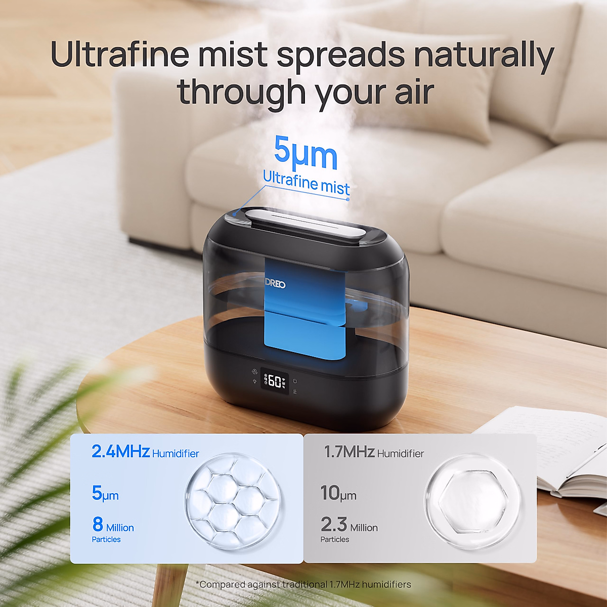 Dreo Smart Humidifiers for Bedroom, Top Fill 4L Cool Mist Humidifier with Nightlight, 32H Runtime, Touch/APP/Voice Control, Quiet Ultrasonic Humidifiers for Large Room, Home, Baby, Plants, Office