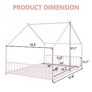 ODUWA Full Size House Bed for Kids,Metal House Platform Bed with Guardrail,Montessori Floor Bed Frame with Roof,Full Bed Frames for Kids,Toddlers,Girls,Boys