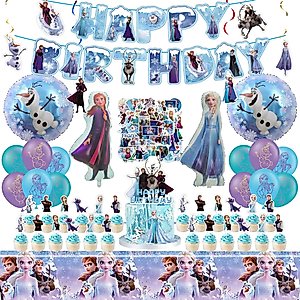 Frozen Birthday Party Supplies for Girls, Frozen Birthday Party Decorations Include Banner, Frozen Balloons, Hanging Swirls, Stickers, Cupcake Toppers, Tablecloth