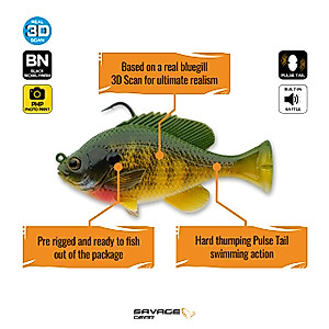 Savage Gear Pulse Tail Bluegill RTF Fishing Bait, 1 oz, Vivid Gill, Realistic Contours, Colors and Movement, Durable Construction, Heavy-Duty Fishing Hook, Built-in Rattle