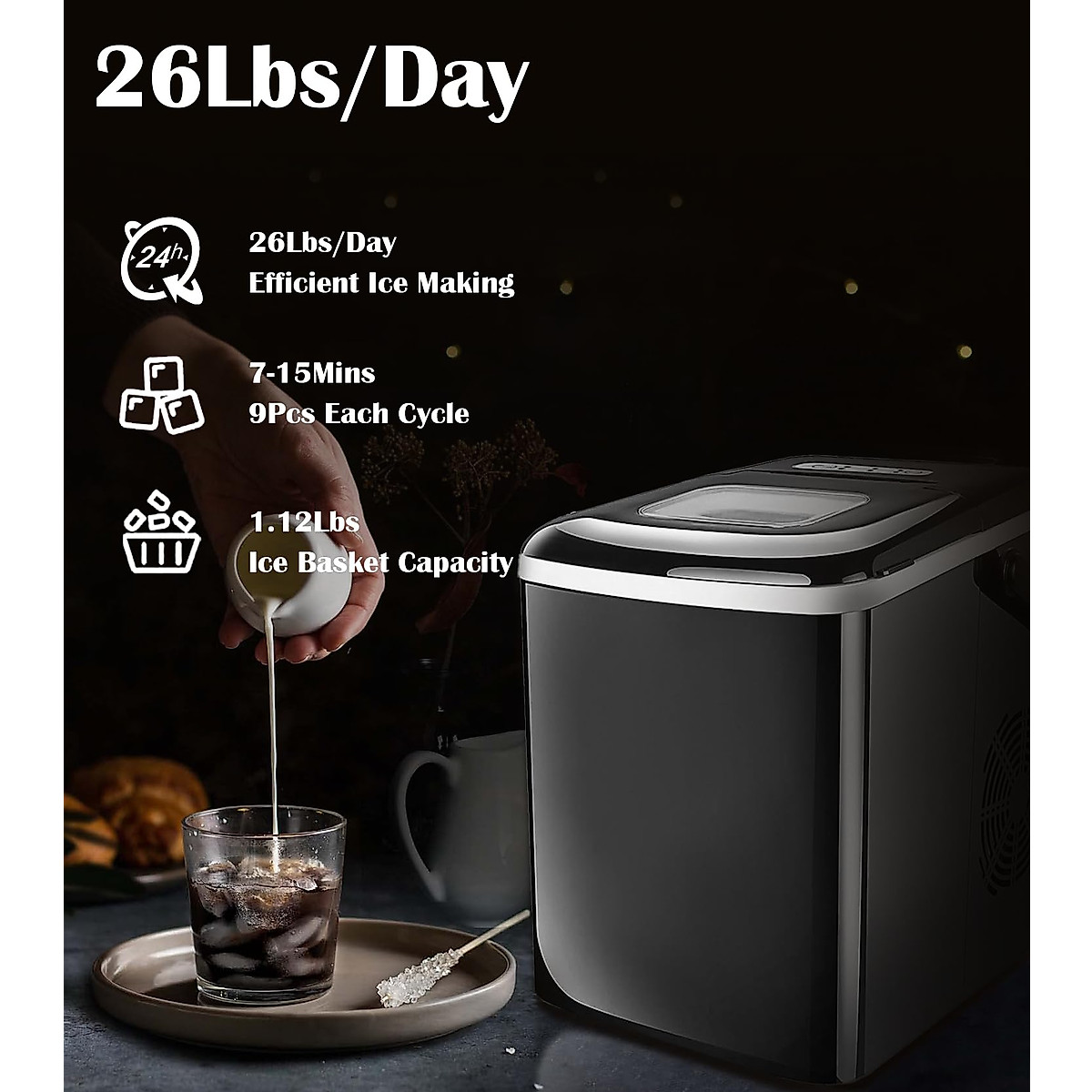 EVAMOKE Ice Makers Countertop with Handle, Nugget Ice Cubes Ice Machine with Basket and Ice Scoop, Portable Ice Maker 9 Cubes Ice Black Mini Bullet Ice Maker Small, Ice Maker for Home&Kitchen&Office