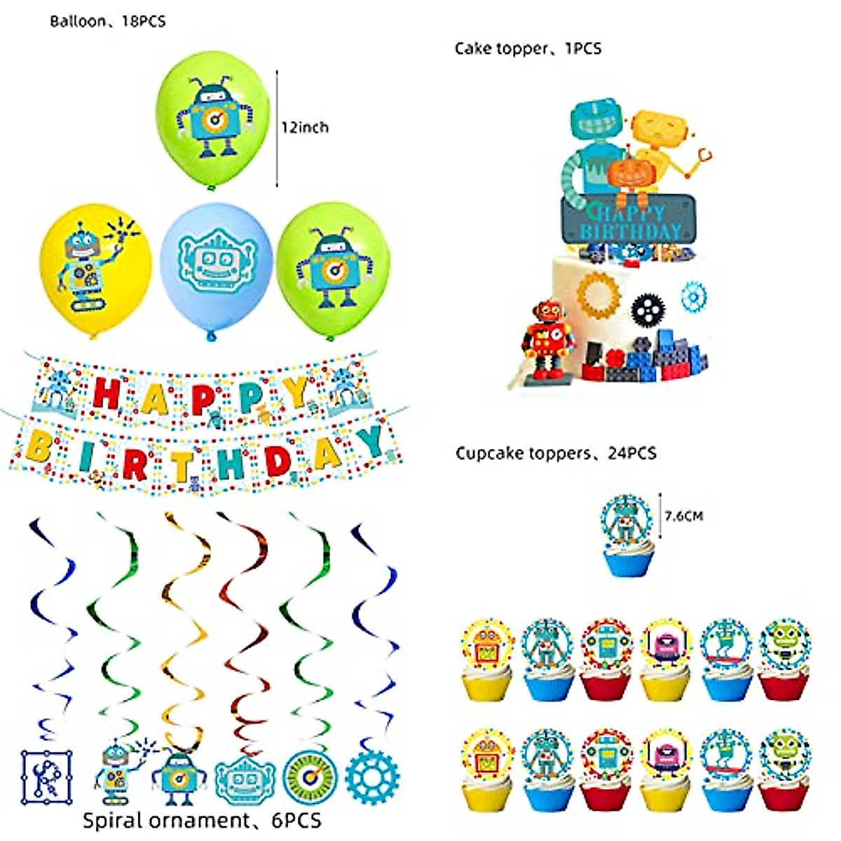 50Pcs Robot Party Supplies Set-Including Happy Birthday Banner,Cake Topper and Cupcake Toppers,Spiral Ornaments,Latex balloons for kid s Boys Robot Theme Party Decoration