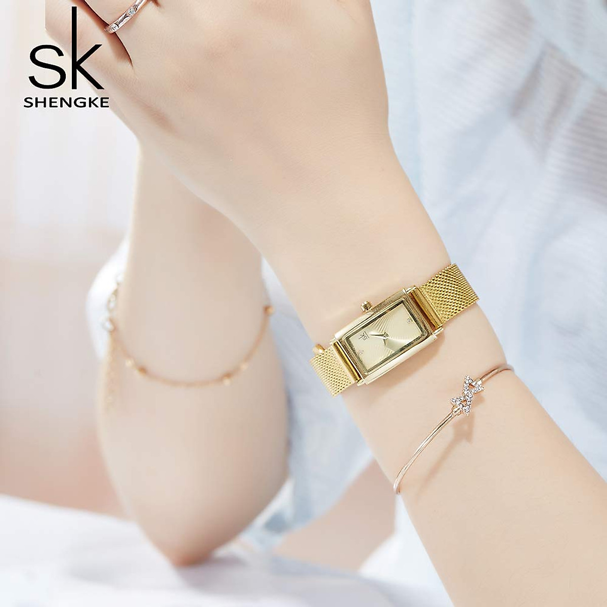 SHENGKE Minimalist Watch (Love Me Tender Love Me Home) Casual Fashion Wrist Watch Mesh Square Gold