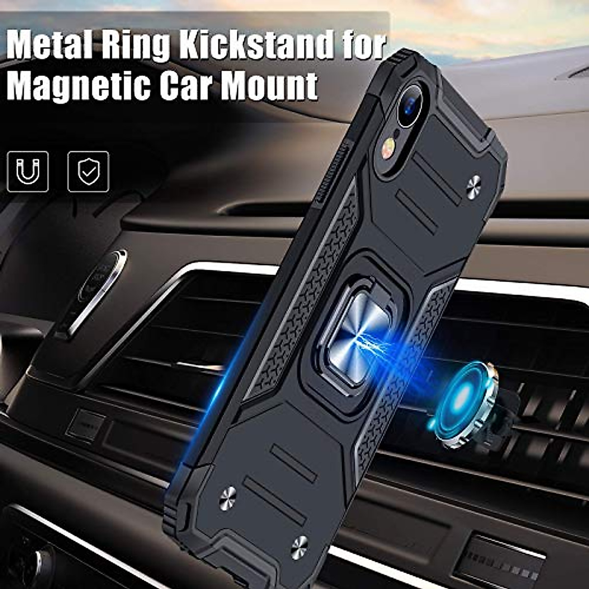 JAME Case for iPhone XR Phone Cases with Screen Protectors 2PCS, Military-Grade Drop Protection, Protective Phone Cases, Car Mount Ring Kickstand Shockproof Bumper Xr Case for iPhone XR 6.1 Inch Black