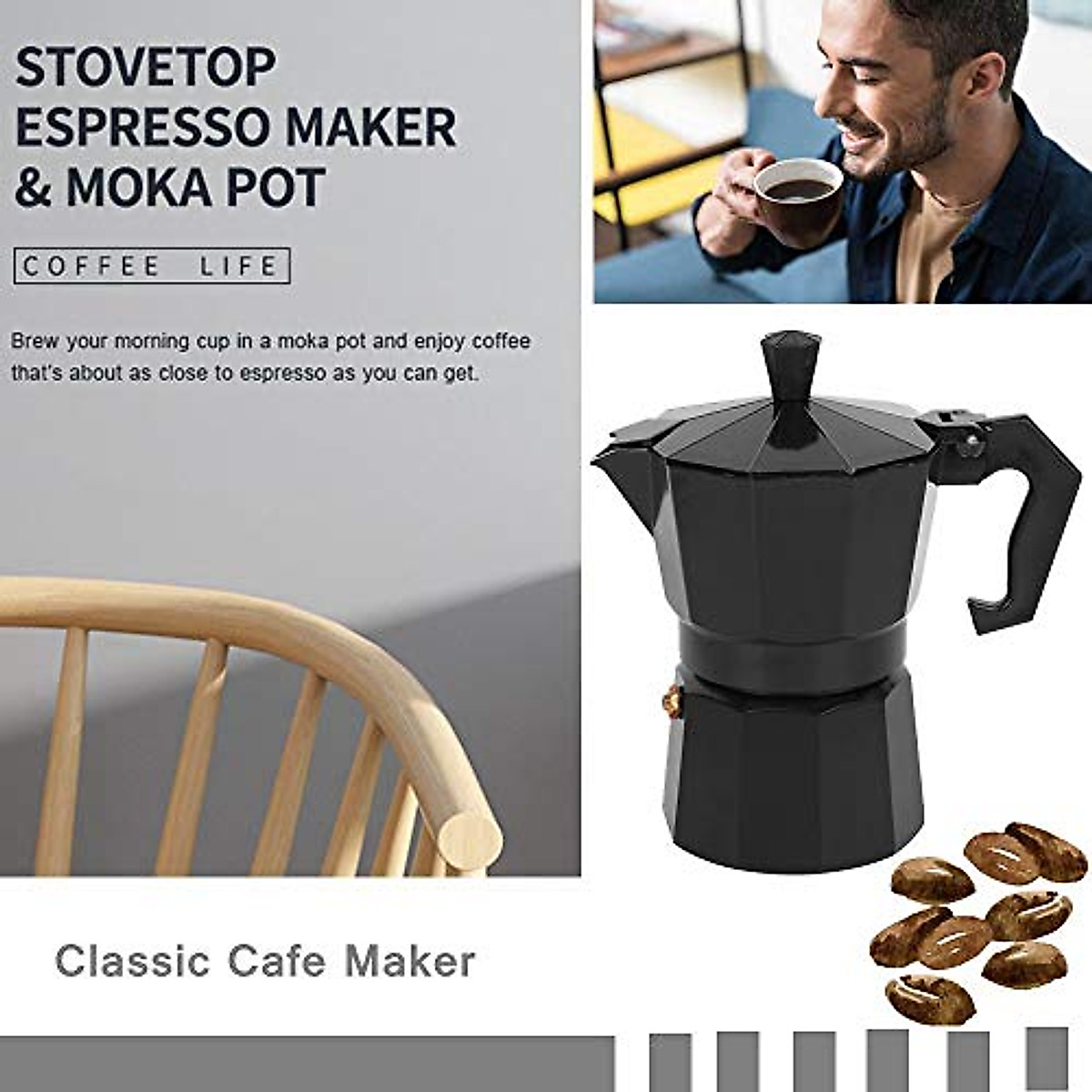 Stovetop Espresso Maker, Classic Stovetop Espresso Maker 6‑Cup Capacity Aluminum Coffee Machine Moka Pot for Office Home Use Moka Maker for Gas or Electric Stove Top(Black)