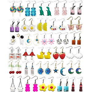 CASDAN 30 Pairs Weird Earrings Funny Earrings Gummy Bear Duck Water Bottle Fish Dinosaur Mushroom Butterfly Strawberry Dangle Earrings Set for Women