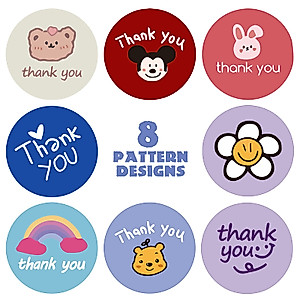Cute Thank You Stickers Labels Roll 1.5 Inch 8 Designs Round Cartoon Thank You Labels 500Pcs Per Roll for Envelope Seals Stickers Cards Gift Boxes Decoration