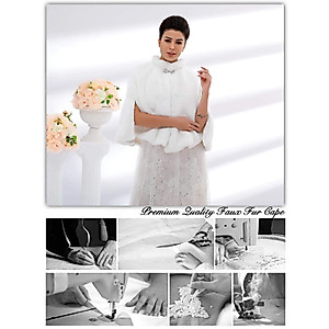 Aukmla Faux Fur Wrap Bridal Wrap Stole Wedding Fur Shrug Faux Fur Cape with Stunning Rhinestones Brooch (White)