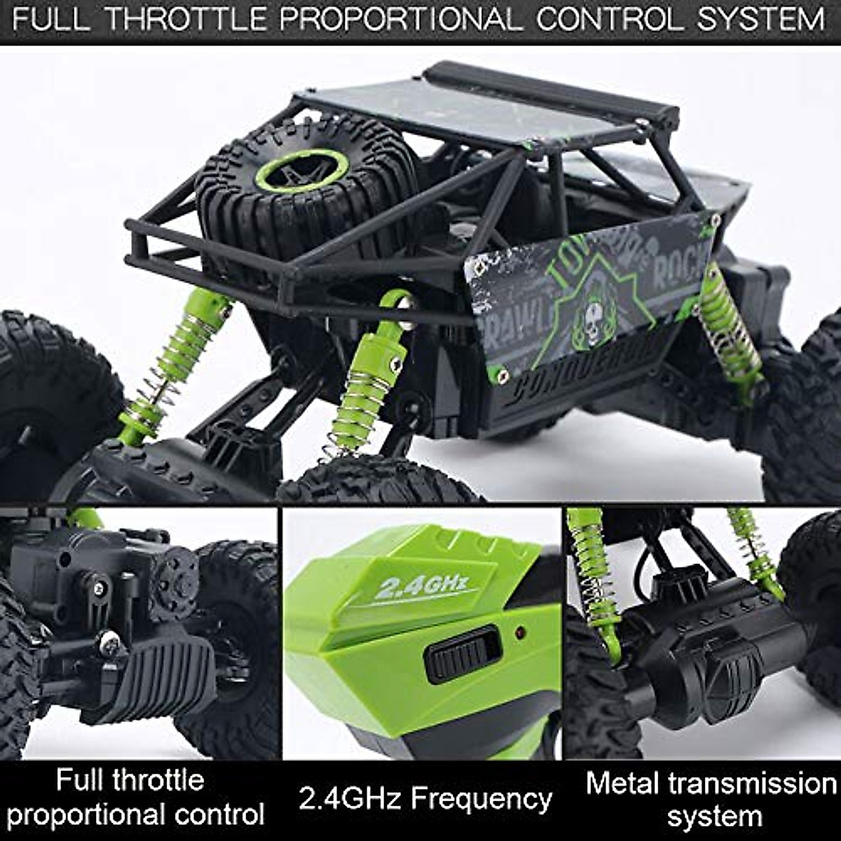 SZJJX Remote Control Car 2.4Ghz RC Cars 4WD Powerful All Terrains RC Rock Crawler Electric Radio Control Cars Off Road RC Monster Trucks Toys with 2 Batteries for Kids Boys Girls Green