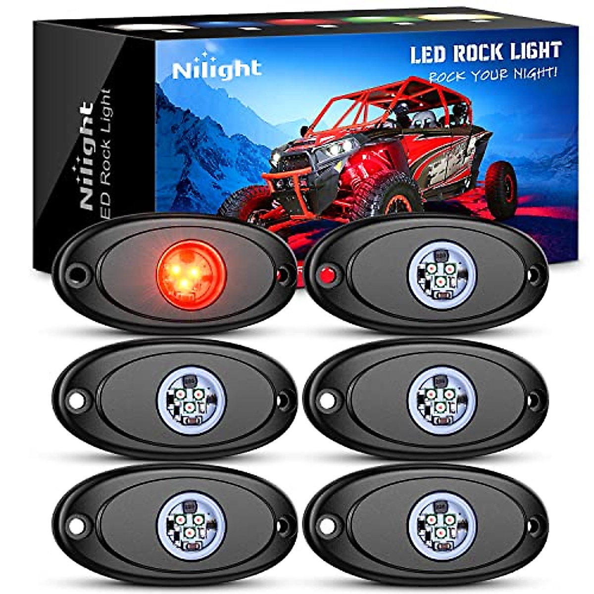 Nilight LED Rock Light 6PCS Red Light Pods Waterproof Under Body Wheel Well Light Exterior Interior Lights for Car Truck Pickups ATV UTV SUV Motorcycle Boat, 2 Years Warranty
