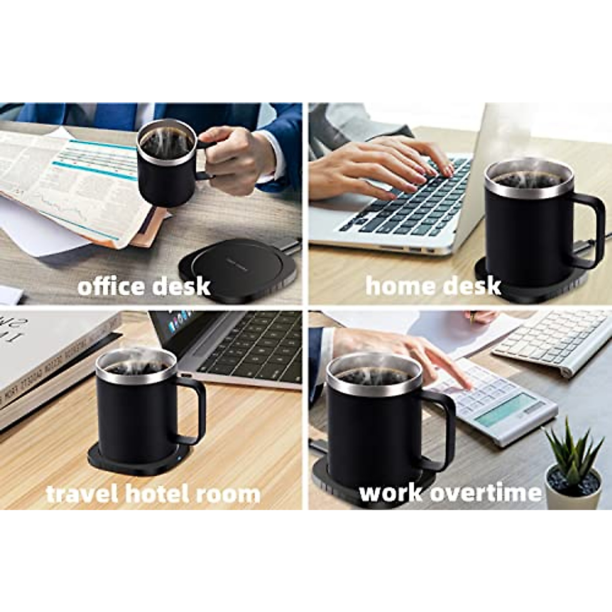 Coffee Mug Warmer & Mug Set,Self Heating Mug with Wireless Smart Charging,304 Stainless Steel Mug with Lid 12 oz,Perfect for Desktop Home Office,Gift for Coffee Lovers, Keeps Up to 131°F/55°C (Black)