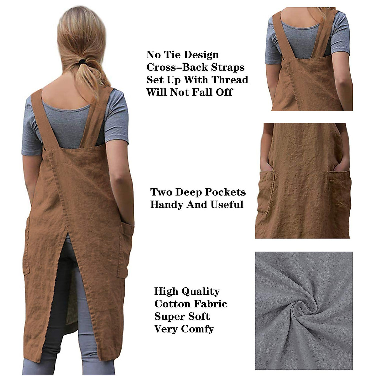 TBA Cotton Linen Apron Cross Back Apron for Women with Big Pockets Square Pinafore Dress for Baking Cooking BBQ & Grill
